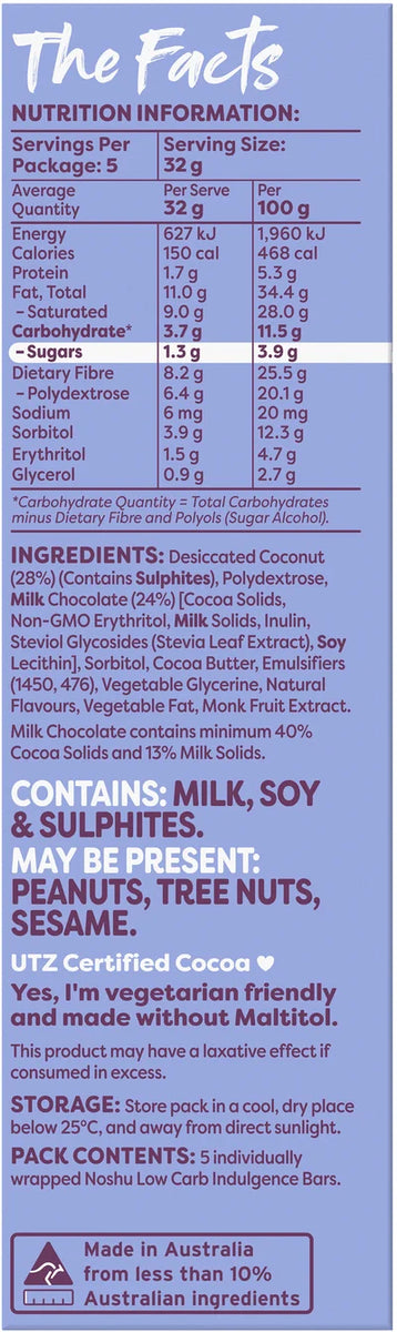 Noshu Low Carb Coconut Bliss Indulgence Bars 5 x 32g – simplywholefoodsnz