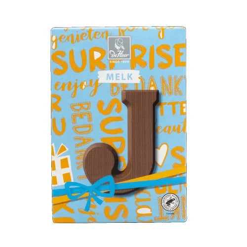 DE HEER CHOCOLATE LETTER MILK 'J' 65 g – simplywholefoodsnz